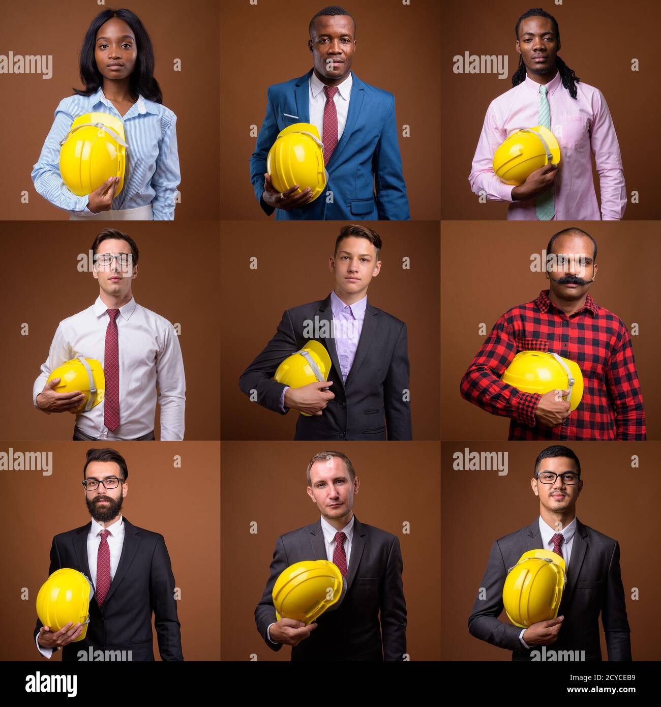 Collage of multi ethnic and mixed age business people as engineers ...