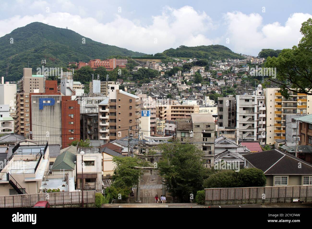 View of Nagasaki city as seen from the gate of Suwa Shrine. Taken in ...
