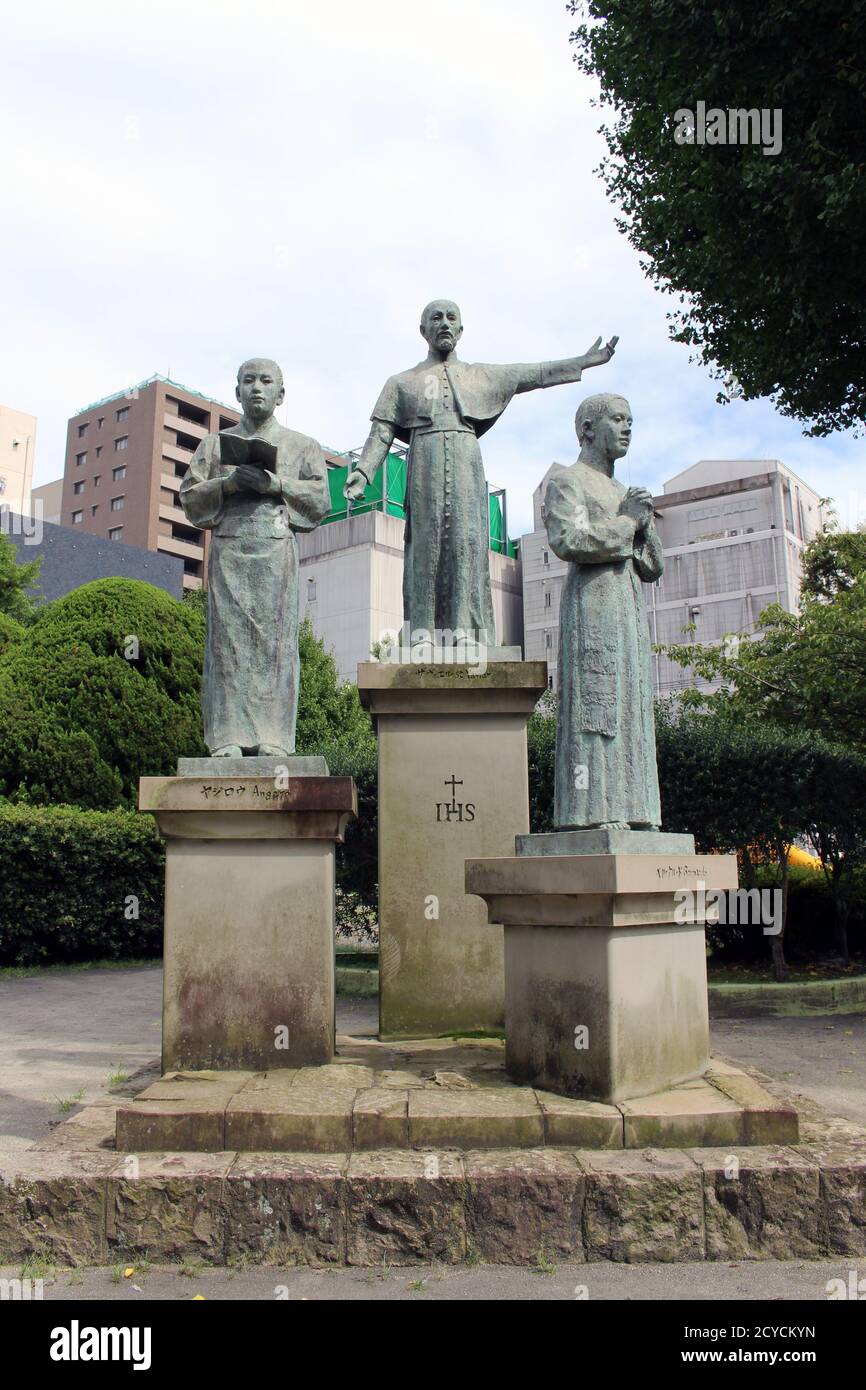 Statue of Francis Xavier, Yajiro or Angelo, and Bernardo of Kagoshima ...