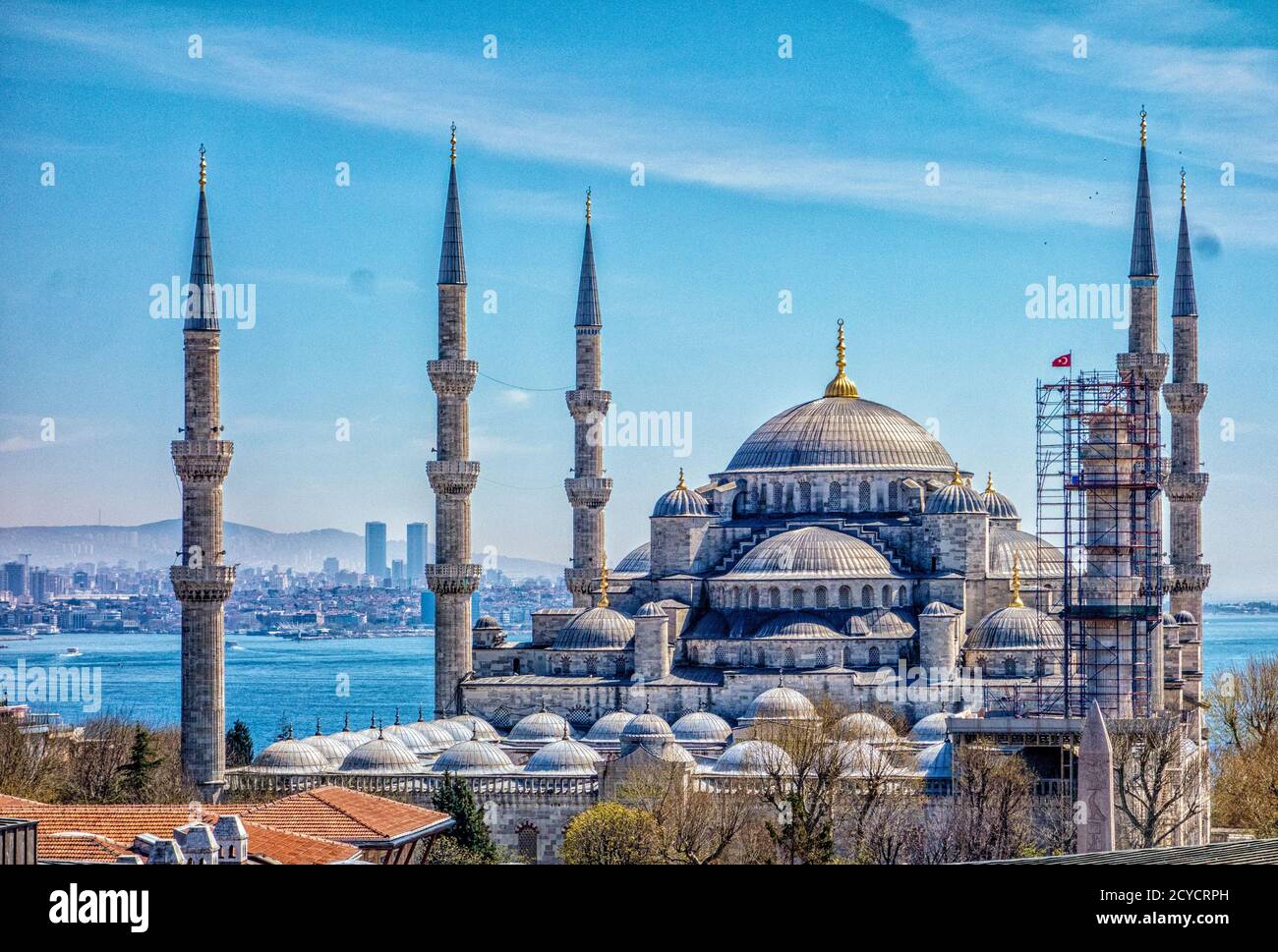 The blue mosque is seen overlooking the Bosphorus Strait in Istanbul ...