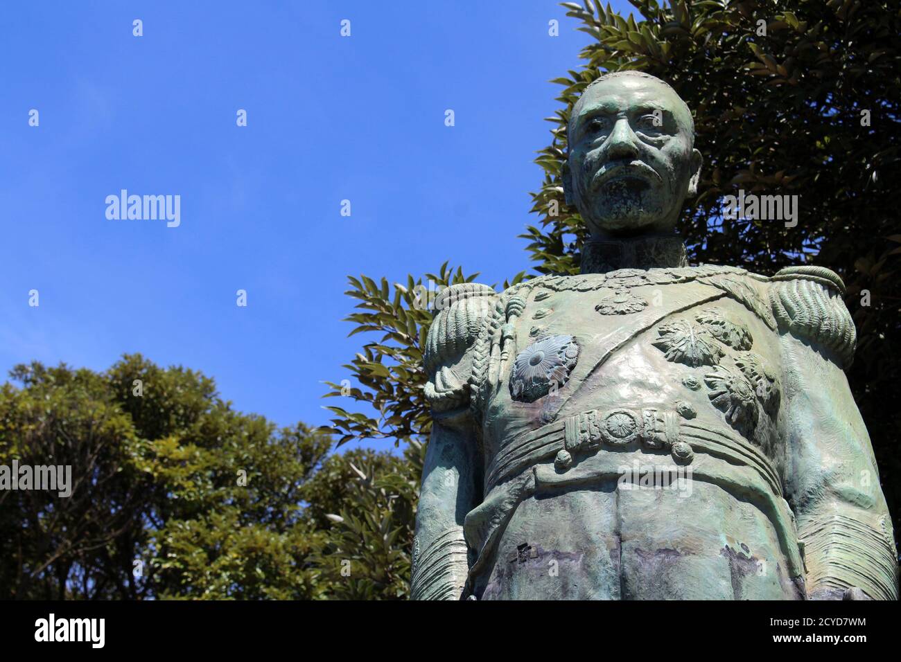 Statue of Admiral Togo Heihachiro overlooking sea in Tagayama Park in ...