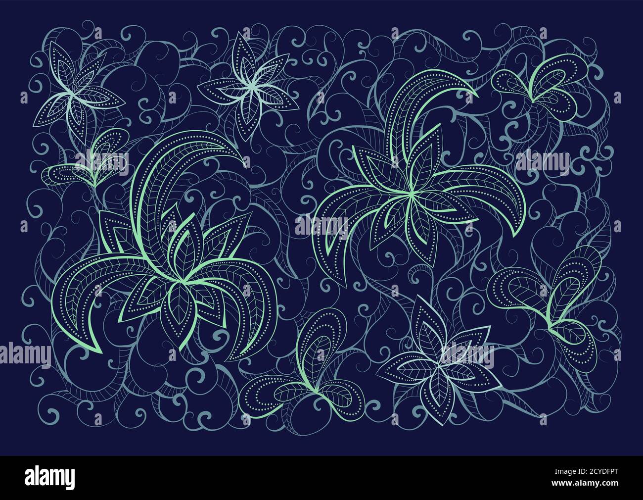 Vector floral hand drawn background pattern. Dark blue, light blue and ...