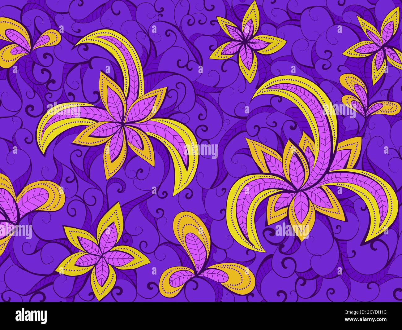 Vector floral hand drawn background pattern. Violet, purple and yellow ...