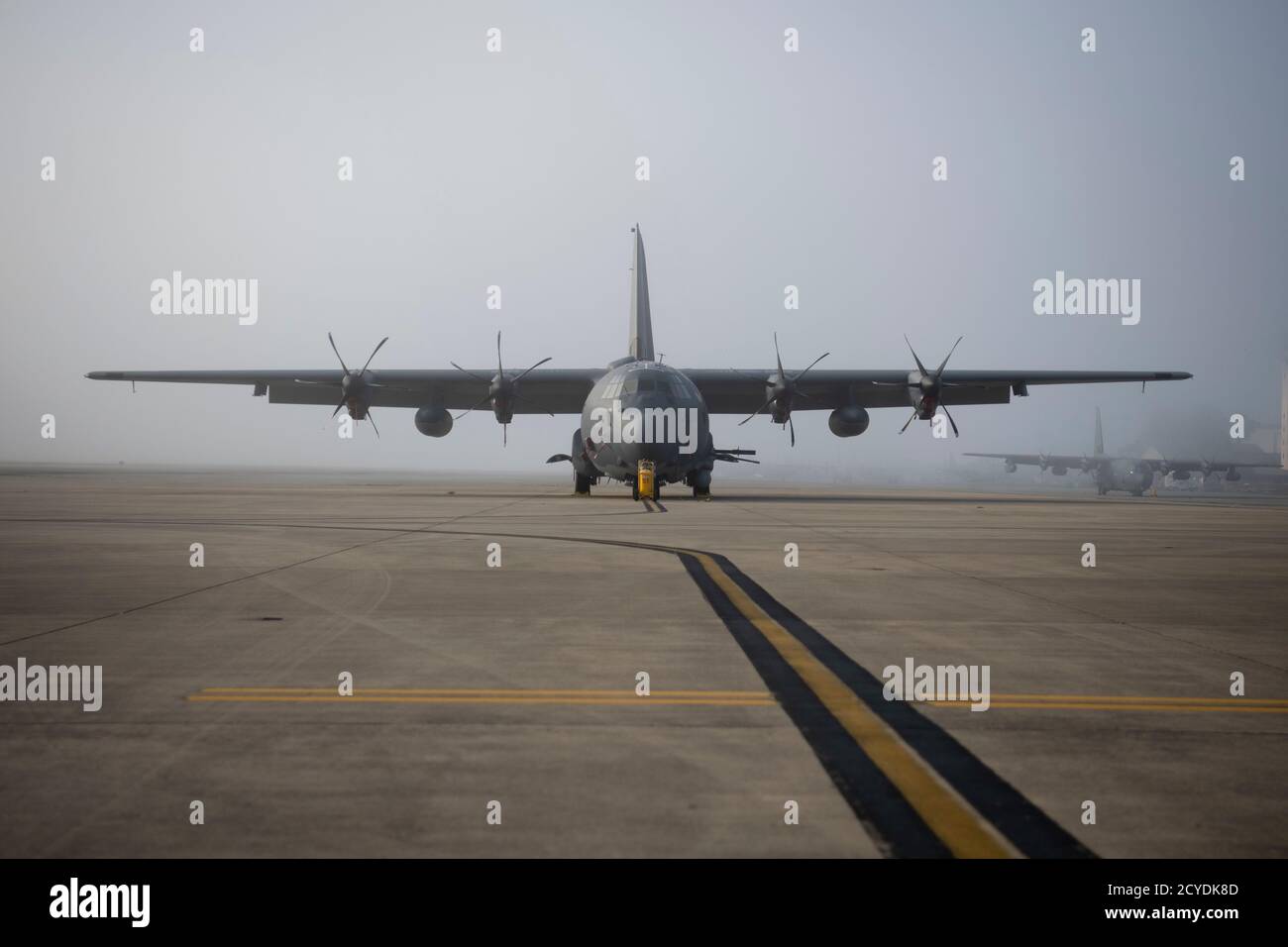 An AC-130J Ghostrider gunship sits on the flightline at Hurlburt Field ...
