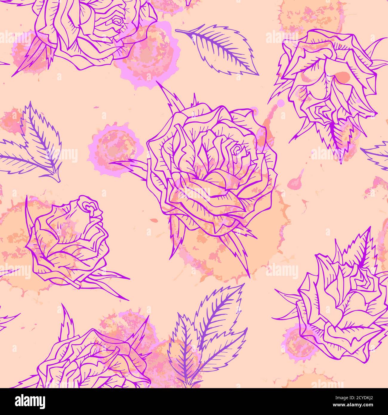 Vector seamless pattern with hand drawn roses and watercolor elements ...
