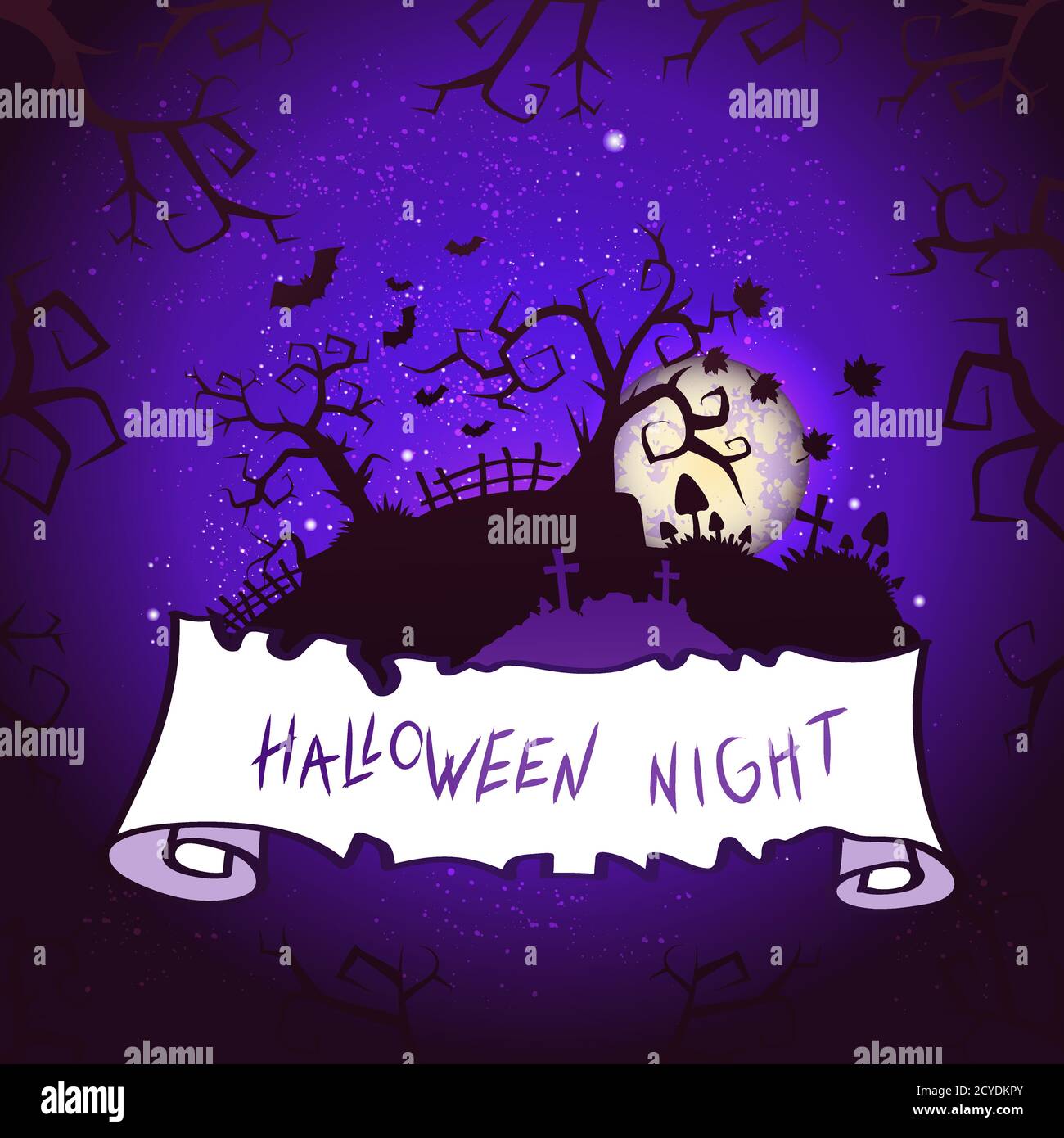 Vector Halloween illustration with cemetery, torn banner and lettering on starry sky nightly ...