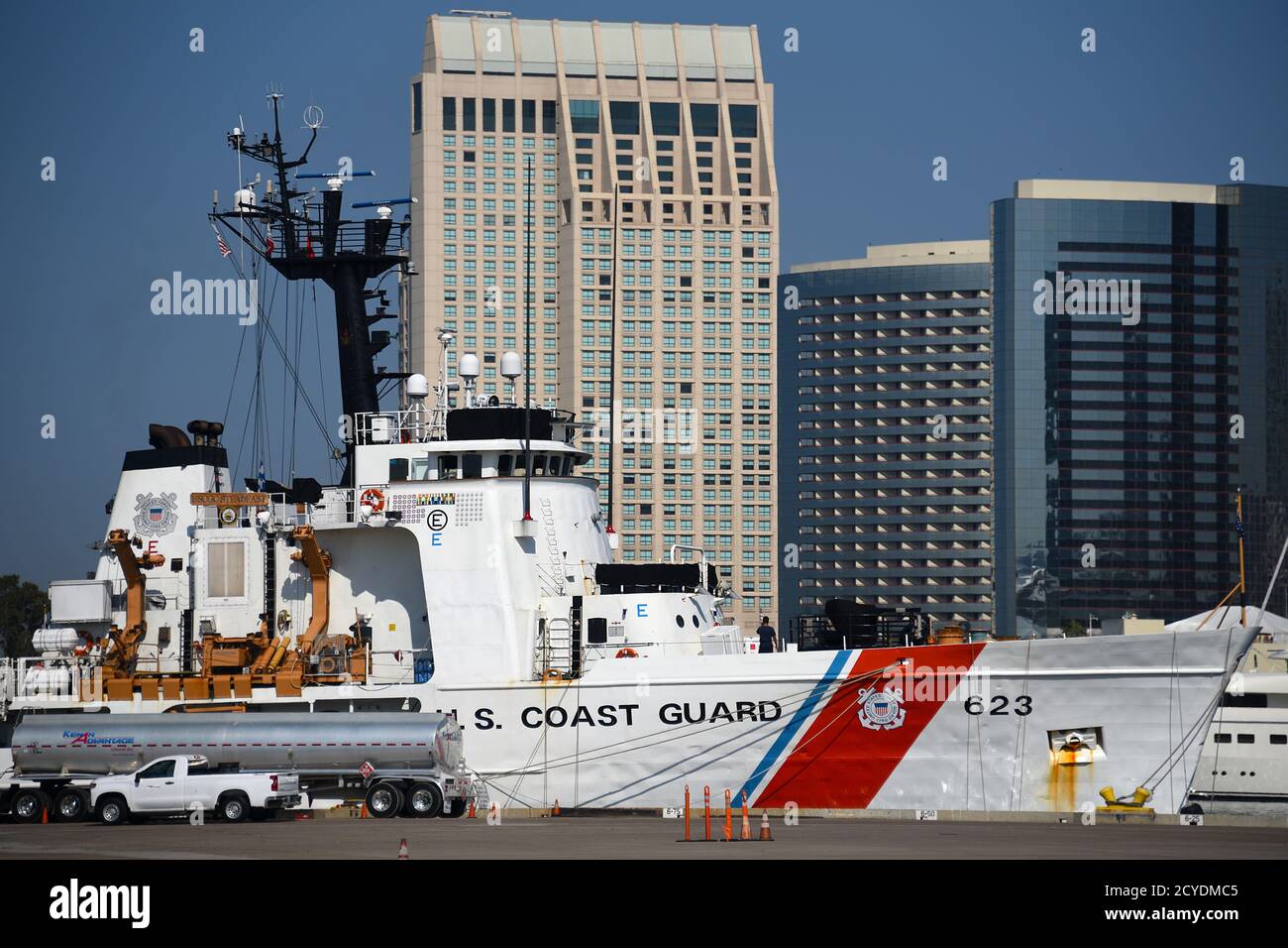 The Coast Guard Cutter Steadfast (WMEC-623) is seen against the skyline ...