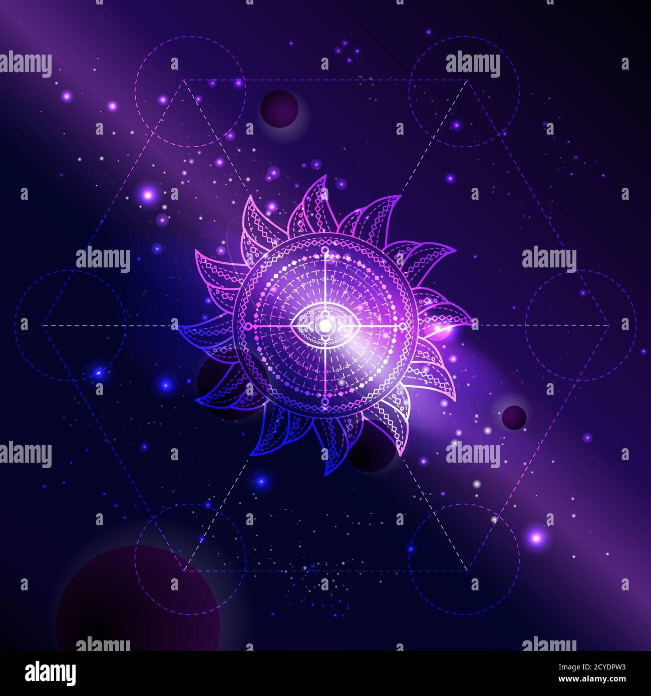 Vector illustration of Sacred symbol Sun against the space background ...