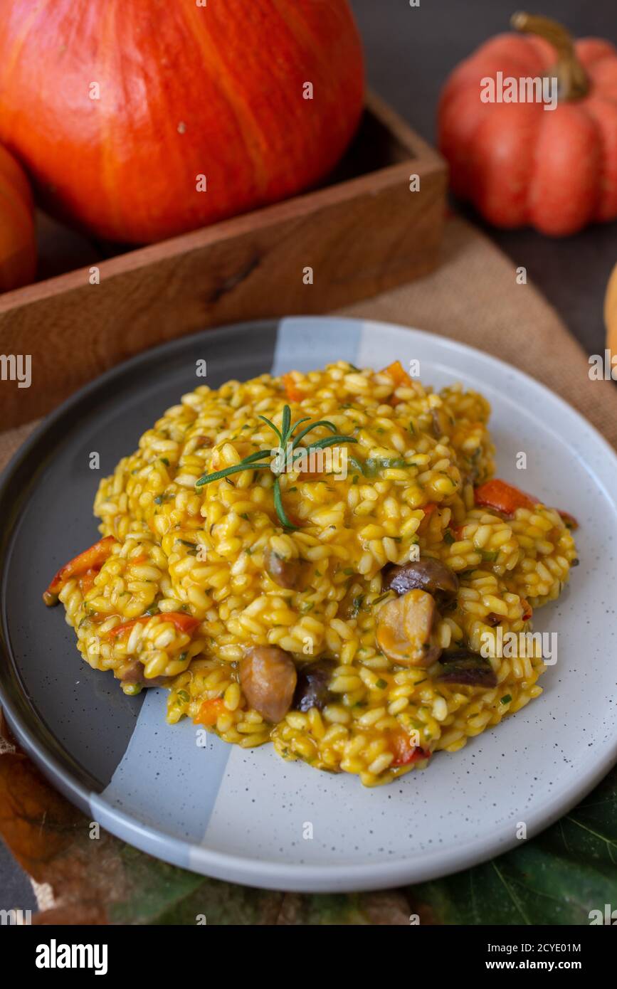 home made autumn risotto with pumpkin and chestnut Stock Photo - Alamy