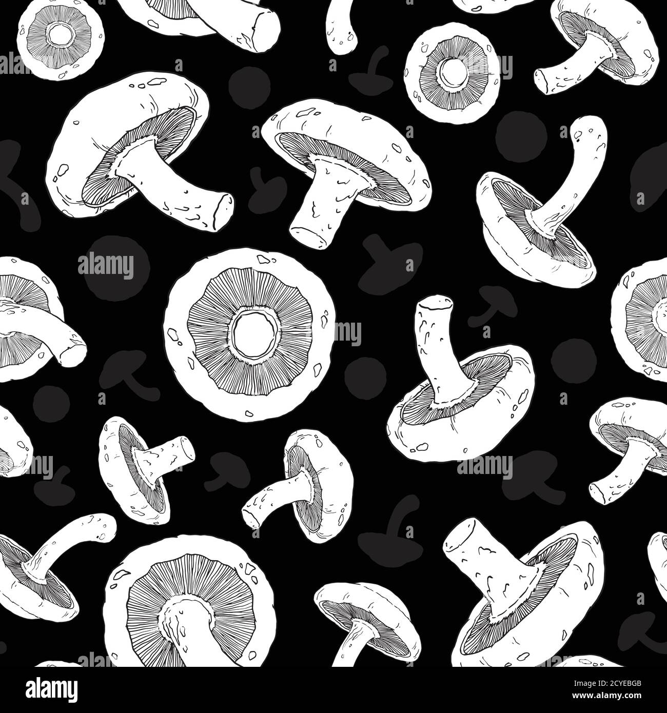 Shiitake mushrooms seamless pattern. Mushrooms repeat pattern. Black ...