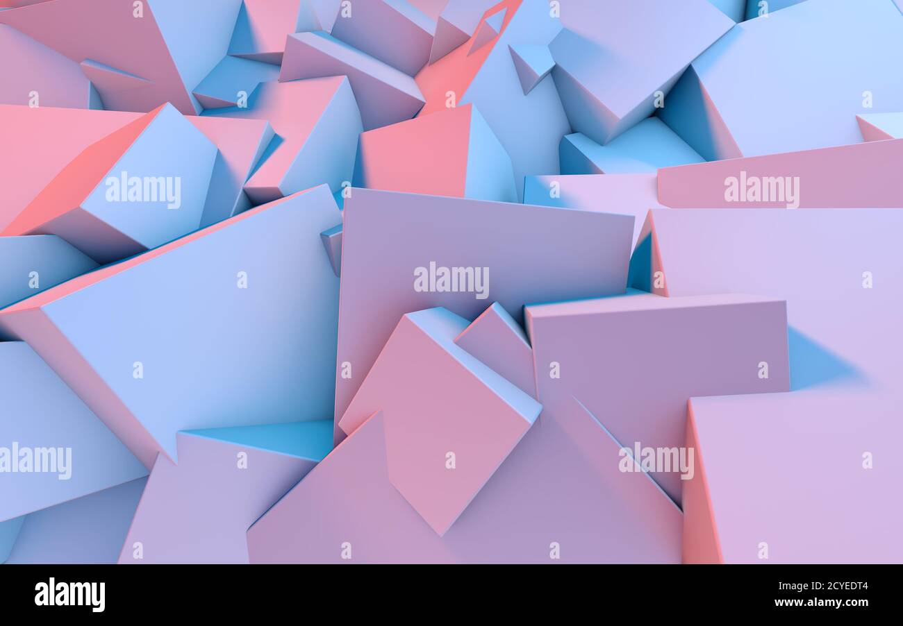 Abstract background with 3D shapes flying in pink and blue light as a ...