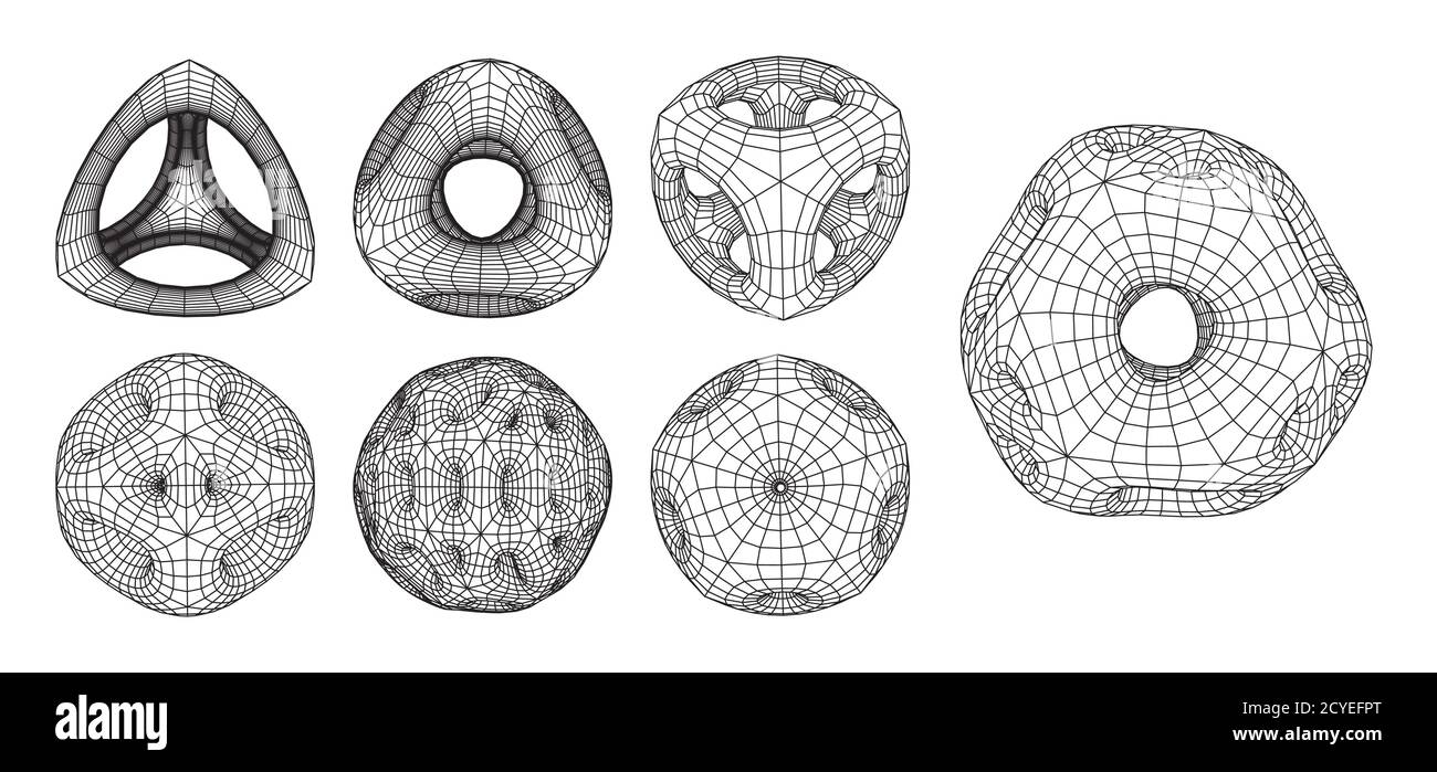 Set Of Abstract 3d Wireframe Shapes Or Elements With Smooth Corners And