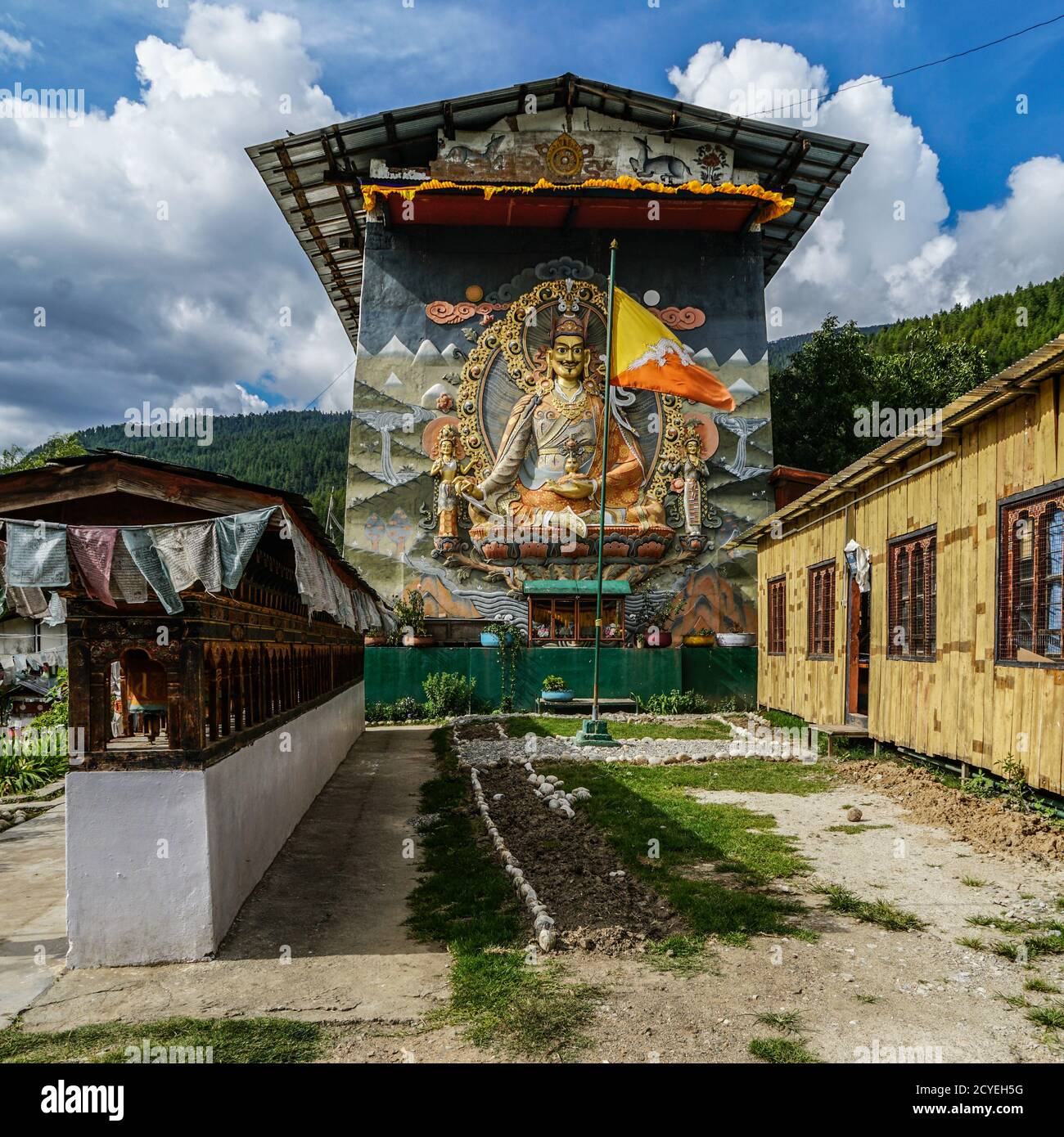 Bhutanese traditional house with an Hindu religious mural painting on ...