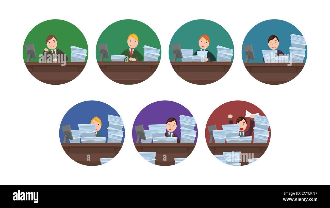 Set of circle images Workload workers in cartoon style. The object is ...