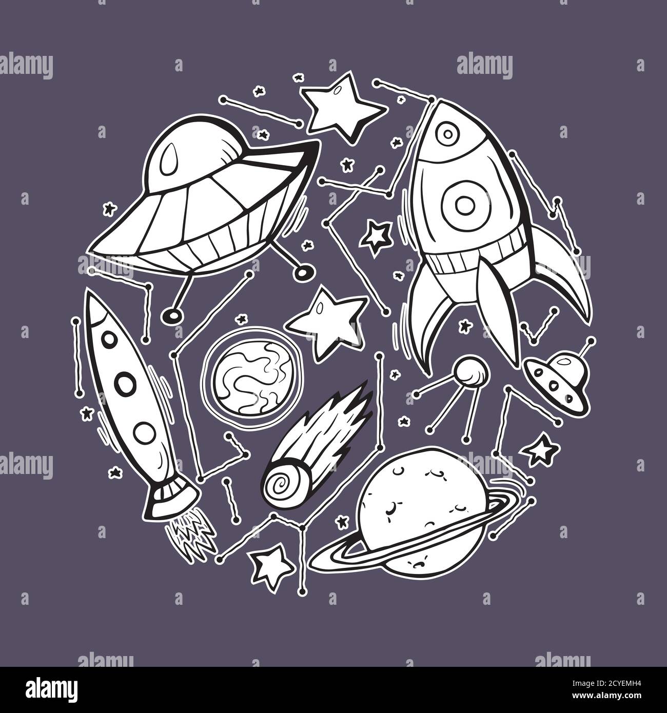 Set stickers of contour child illustrations of stars, spaceships and ...