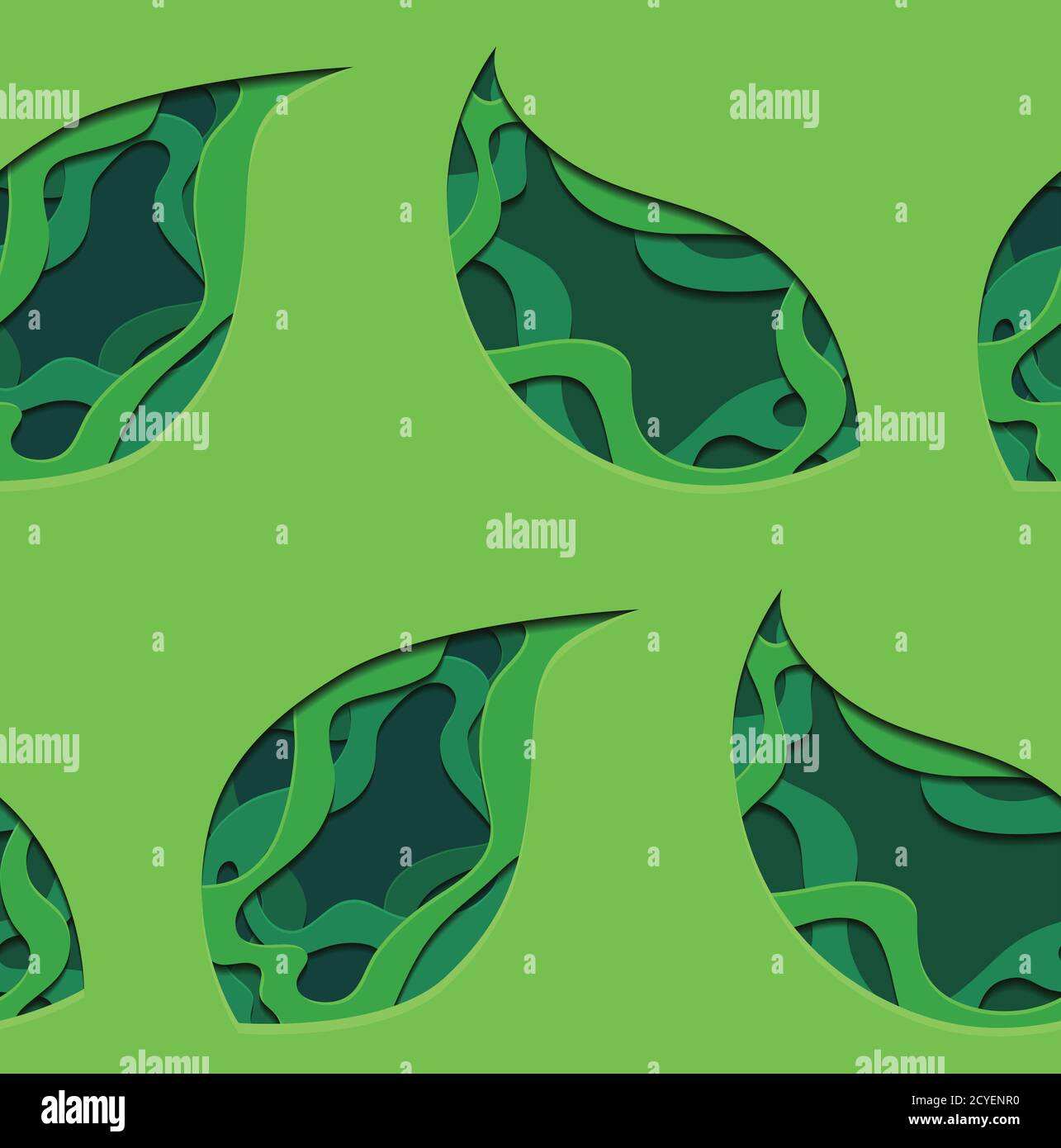 Seamless pattern of 3d tree leaf cut out from paper on green background ...