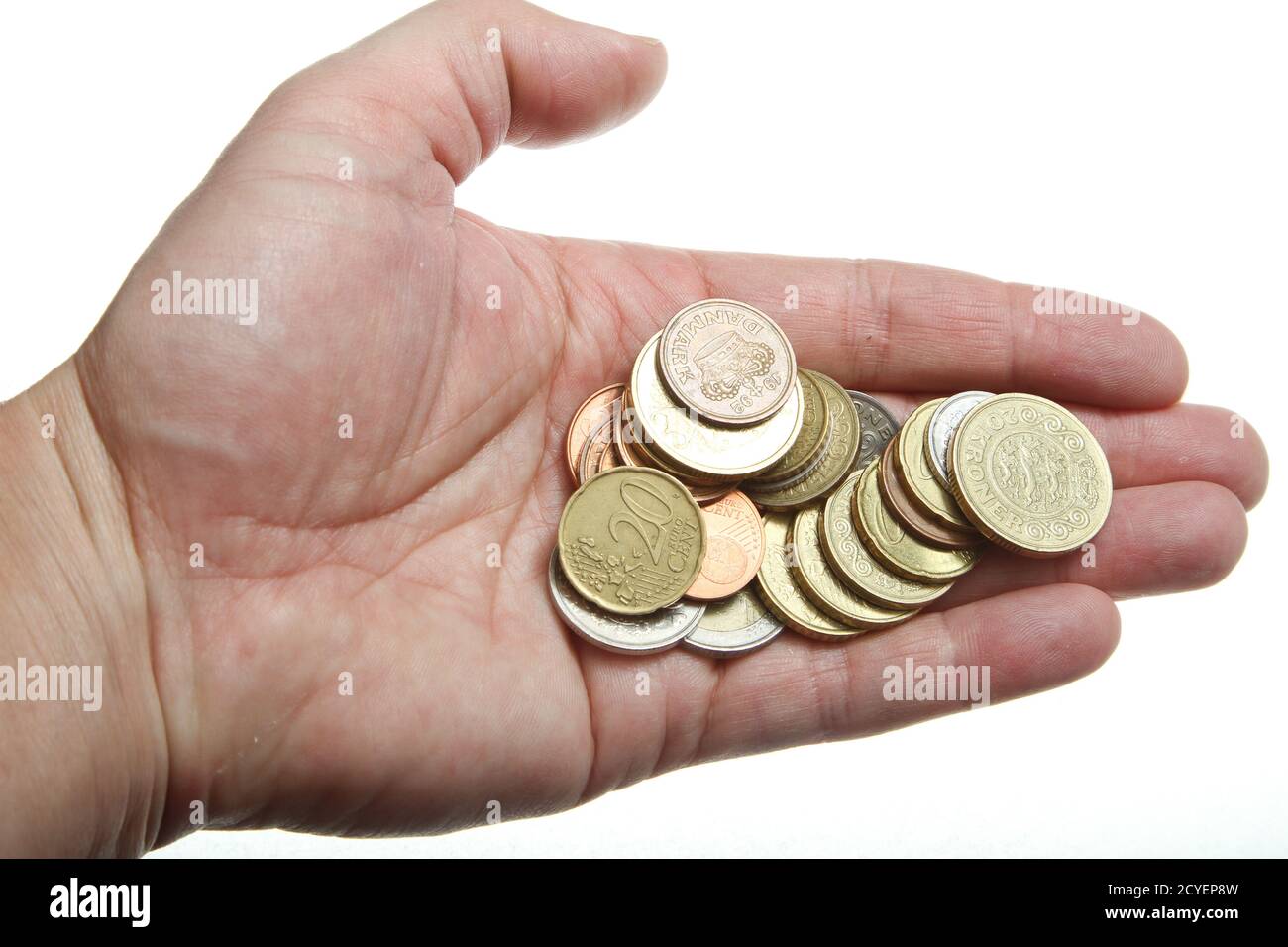Close up of man holding money coins in hand Stock Photo - Alamy