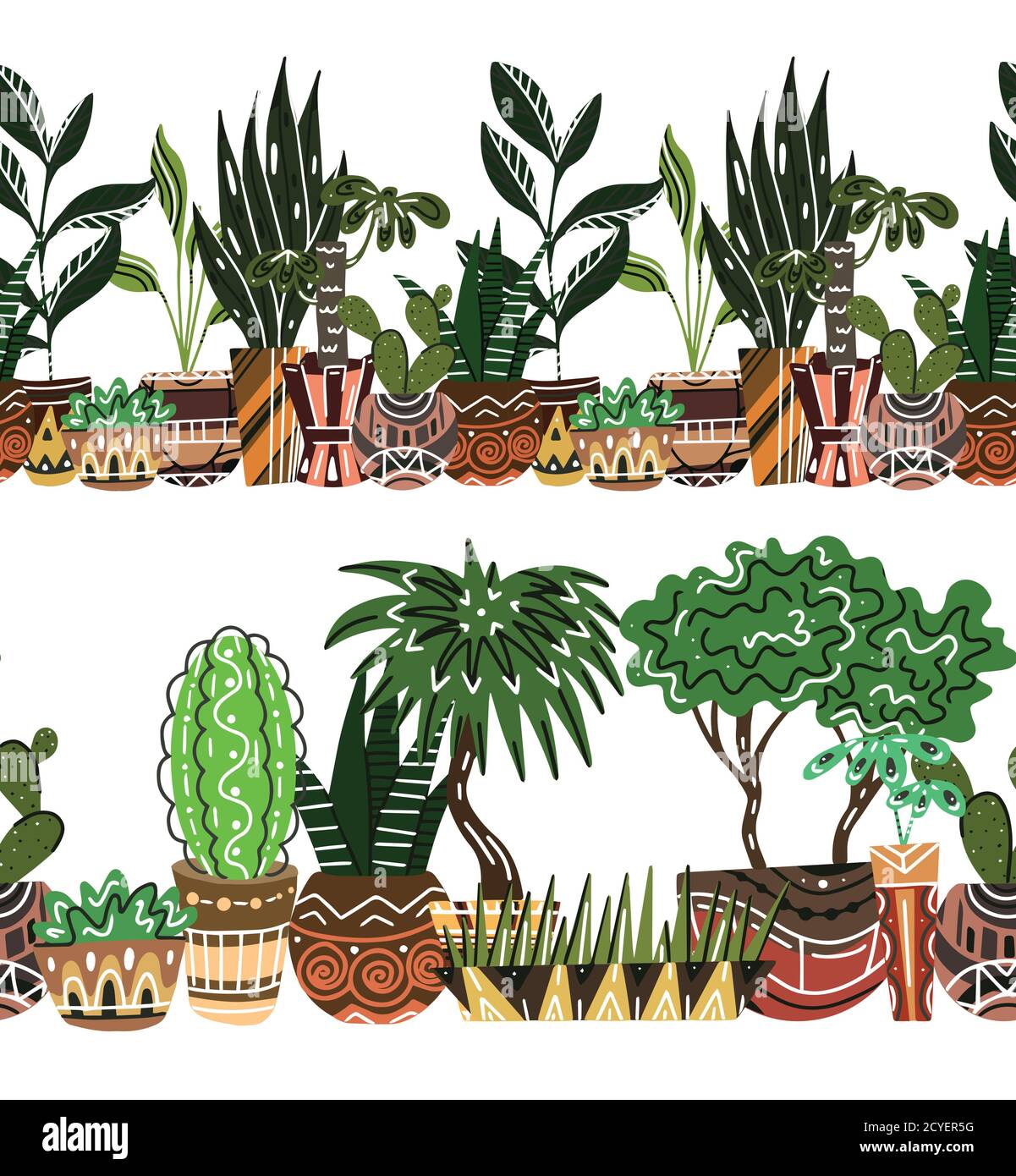 Set of seamless borders with cartoon home flowers in pots with ...