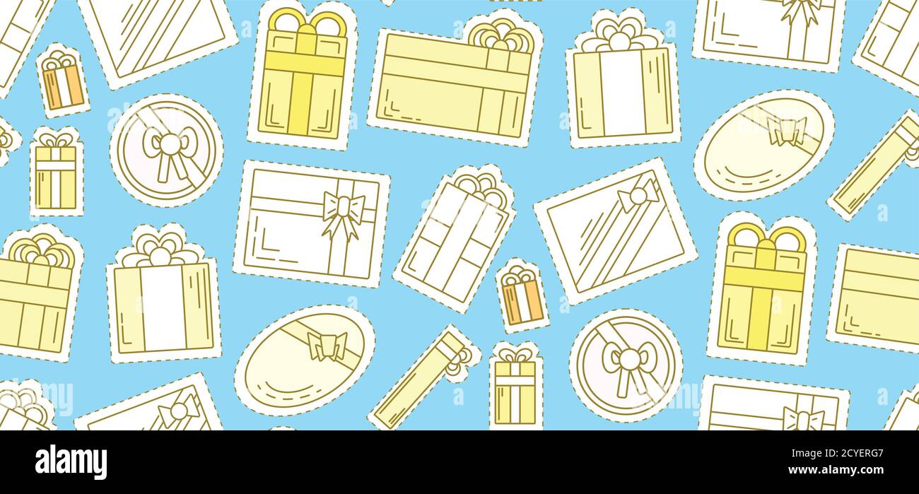 Seamless festive texture with linear gift boxes on blue background ...