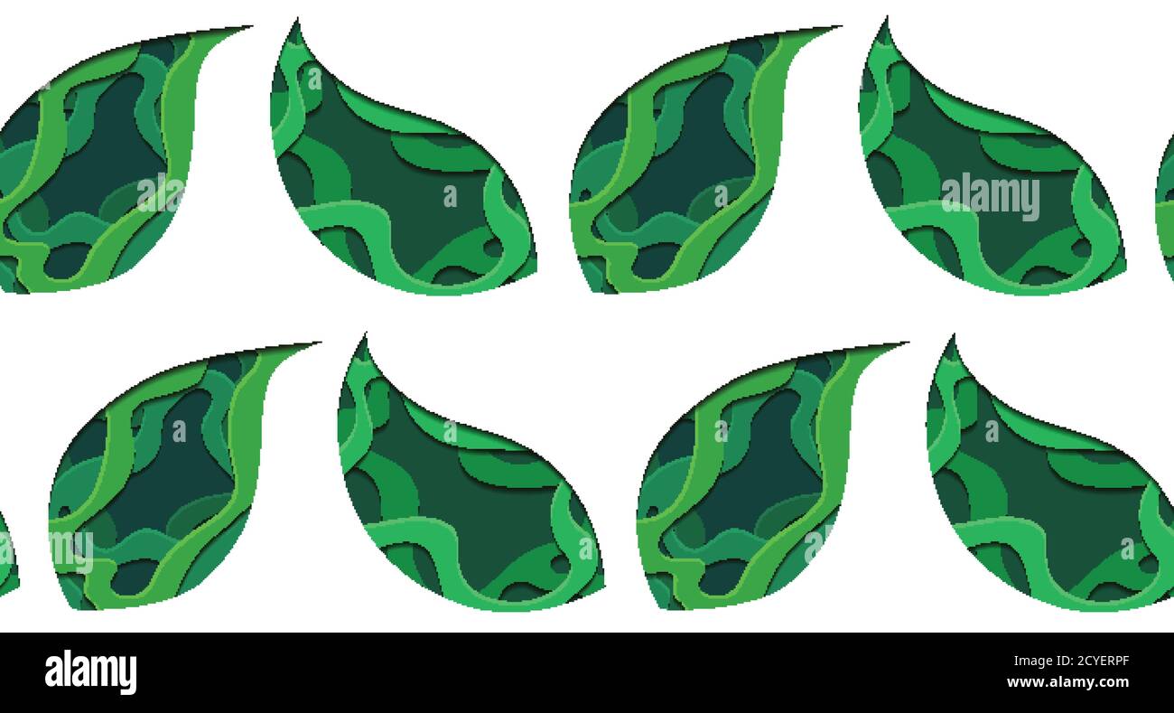 Seamless pattern of 3d tree leaf cut out from paper on green background ...