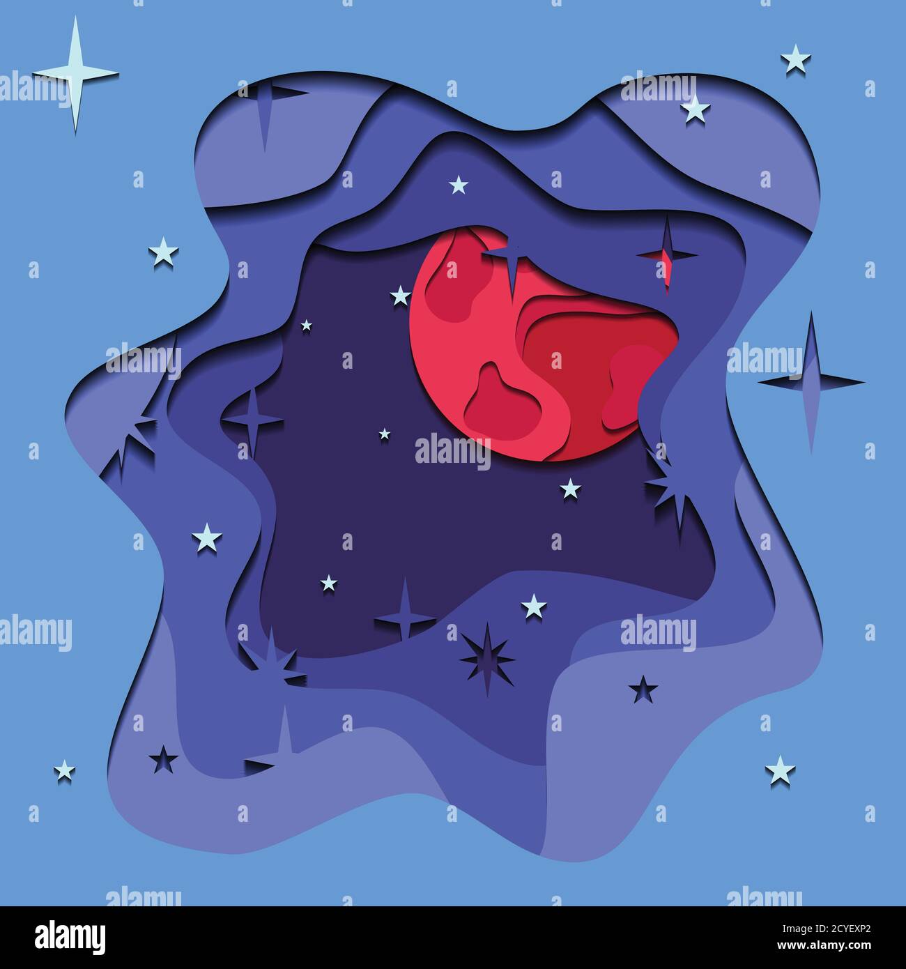 Abstract 3d illustration of night sky with Mars cut out of paper ...