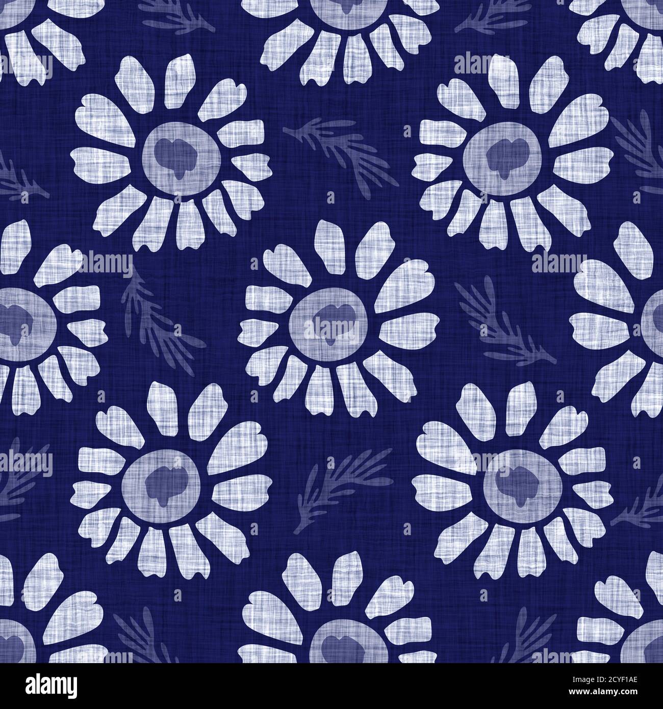Indigo blue flower block print dyed linen texture background. Seamless ...