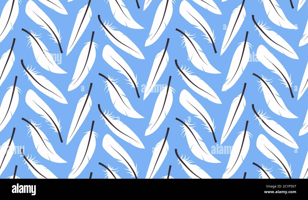 Seamless pattern with white feathers on blue background. Vector texture ...