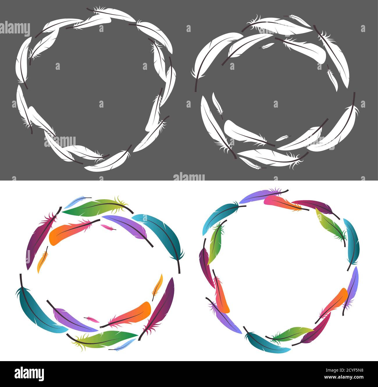 Set of round frames with colored and white feathers on white and gray ...
