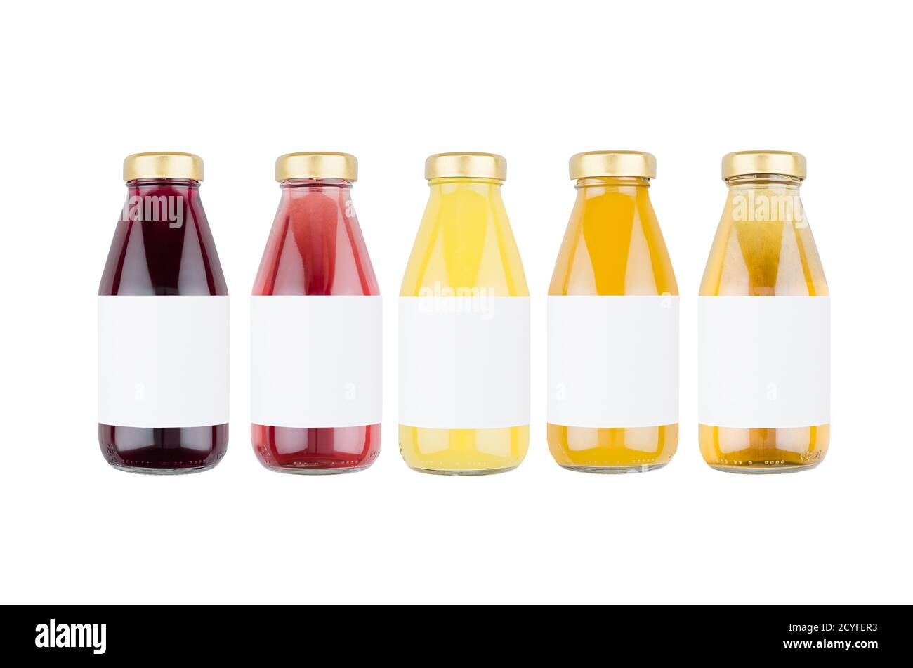 Organic fruits juices - set of different color juices with cap in glass ...