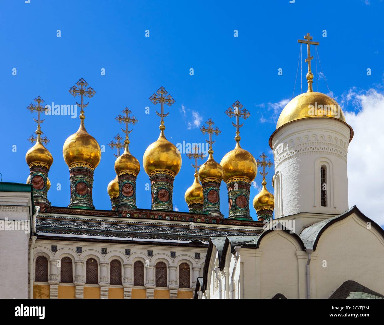 Onion-shaped Domes with crosses of Verkhospassky Cathedral in Moscow ...