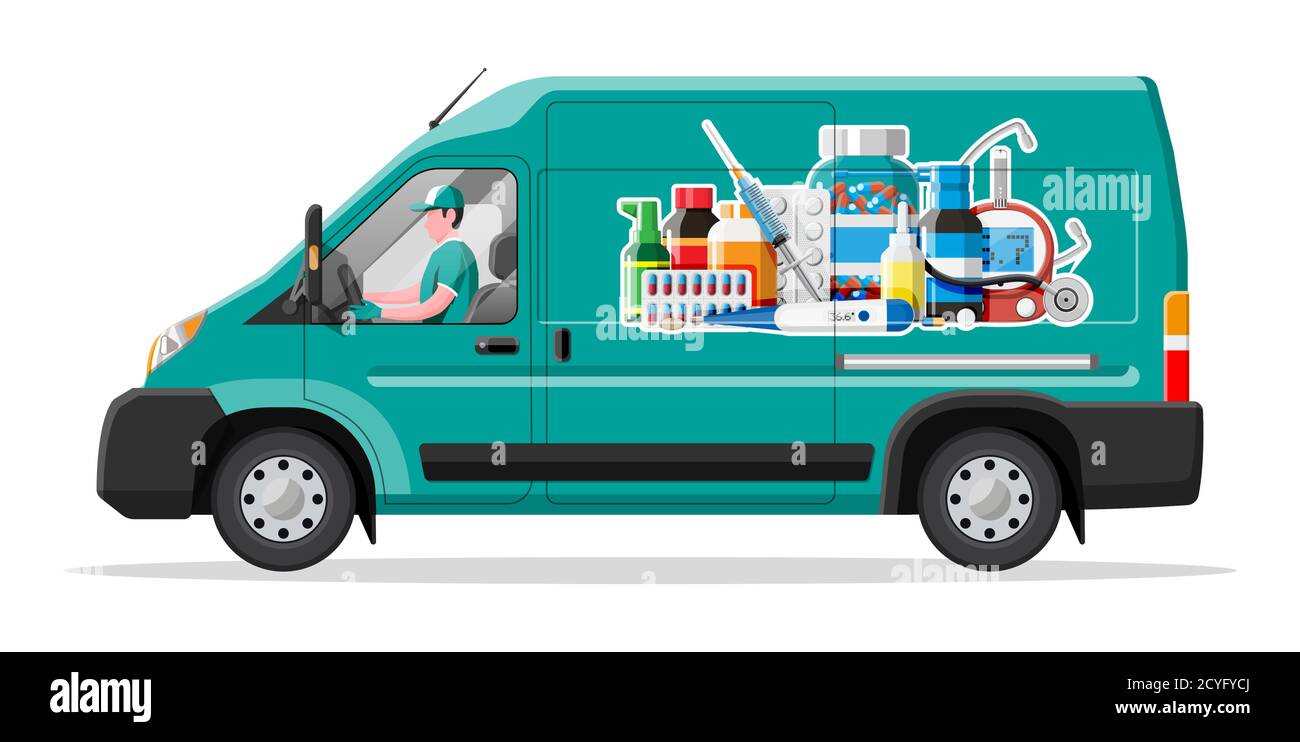 Van for delivery pharmaceutical drugs. Green drugstore truck. Internet ...