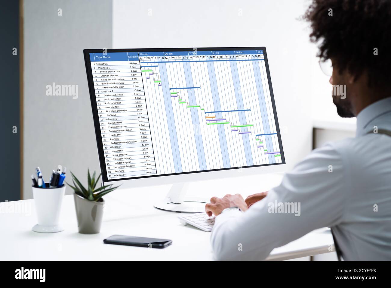 Close-up Of A Businessman Working On Gantt Chart Using Computer On ...