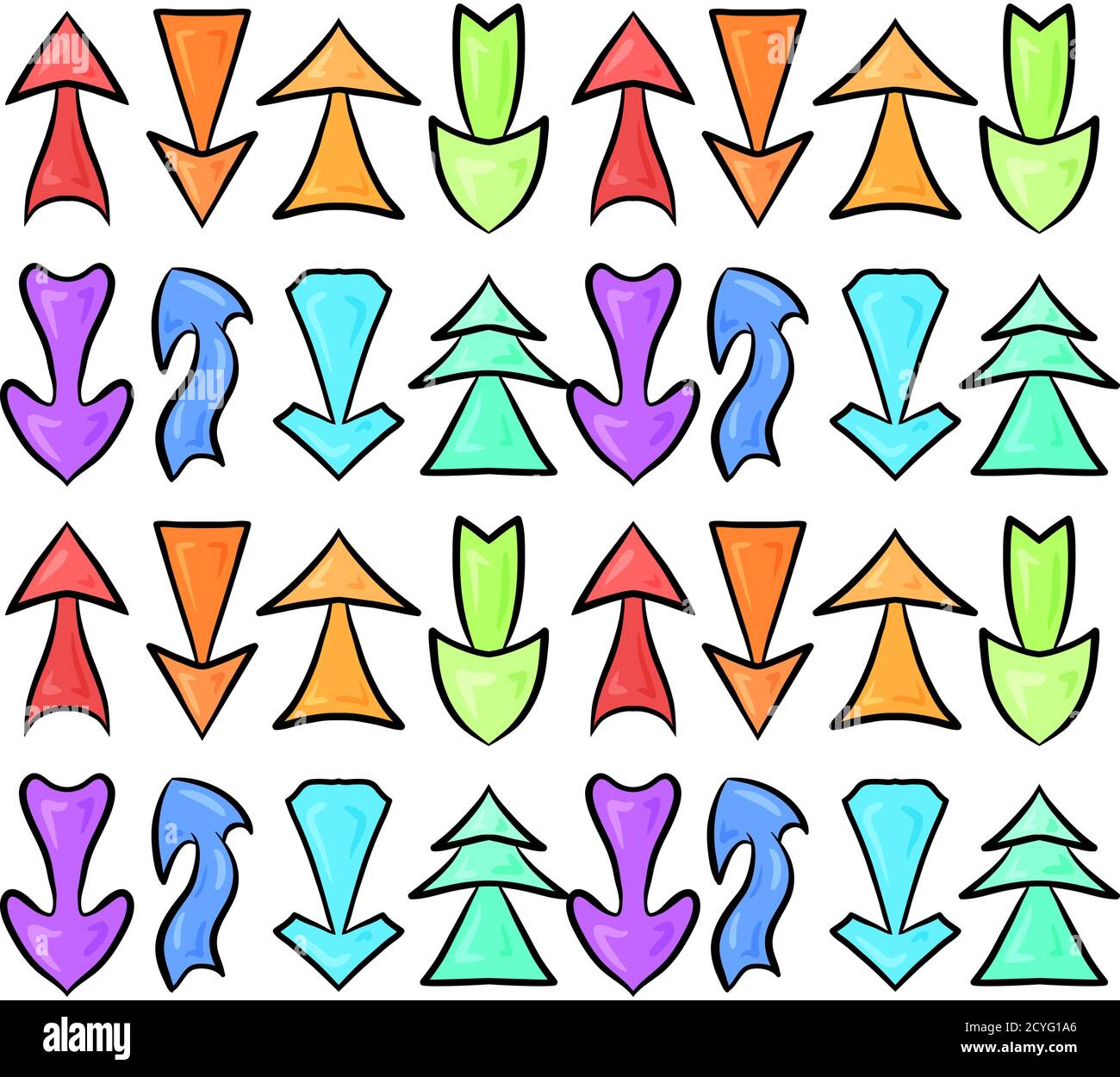 Background of hand drawn multicolored different arrows on a white ...