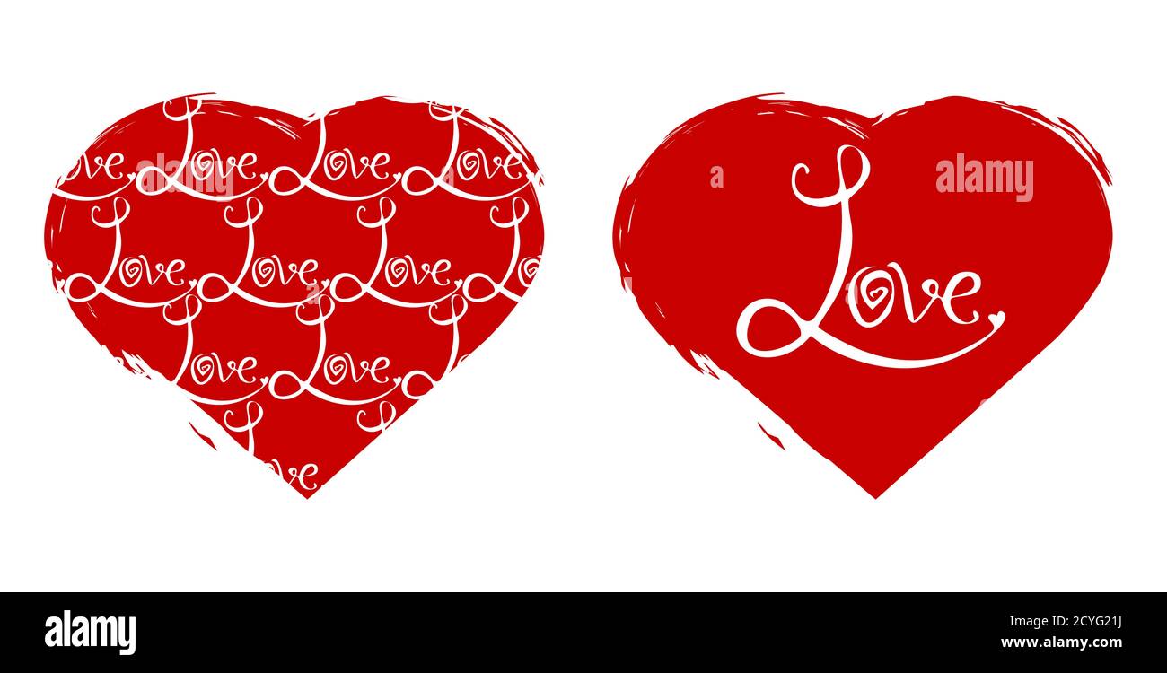 Set of red heart with inscription handwritten love . Vector element for ...