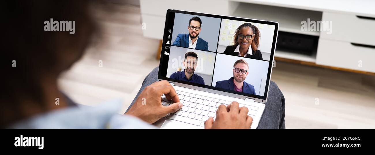 Video Conferencing Call. African American Using Computer For Online ...