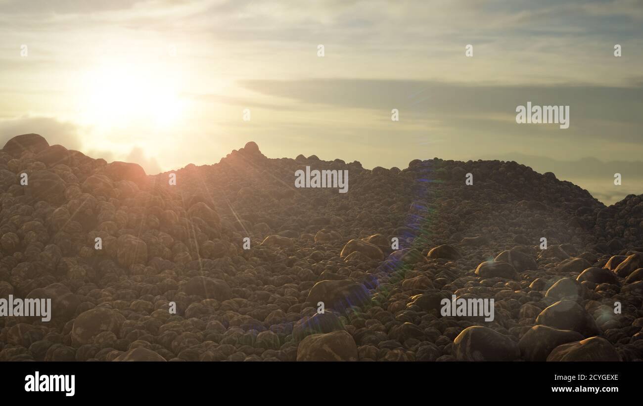 sunrise over landscape with brown soil, rough ground background Stock ...