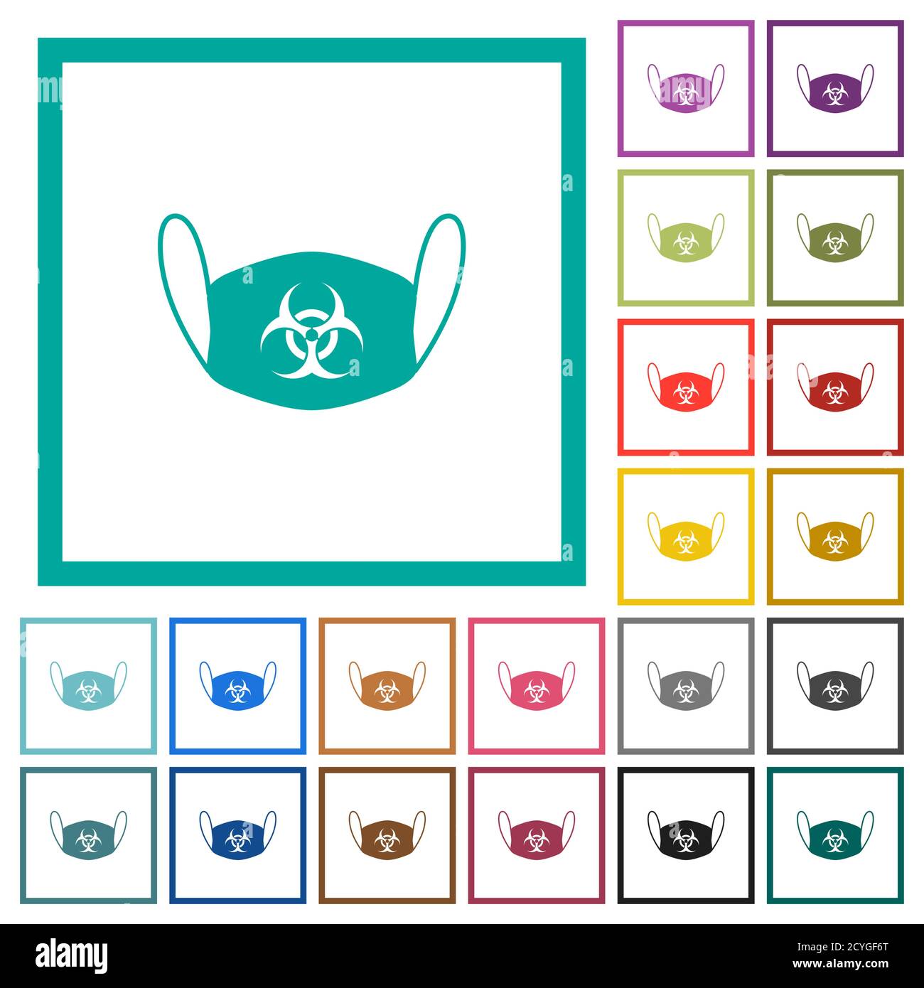 Face mask with biohazard symbol flat color icons with quadrant frames ...