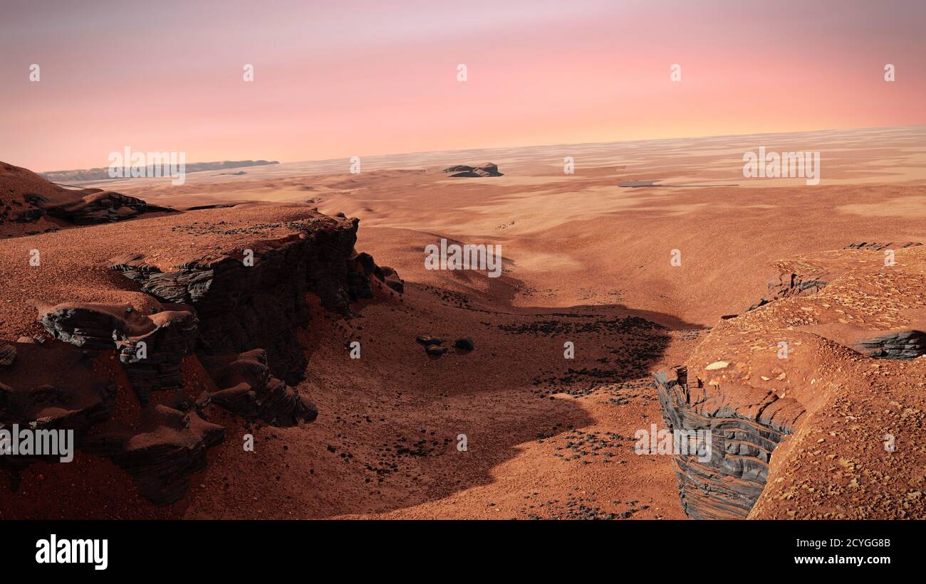 Jezero crater on planet Mars, Martian landscape with dry river bed ...