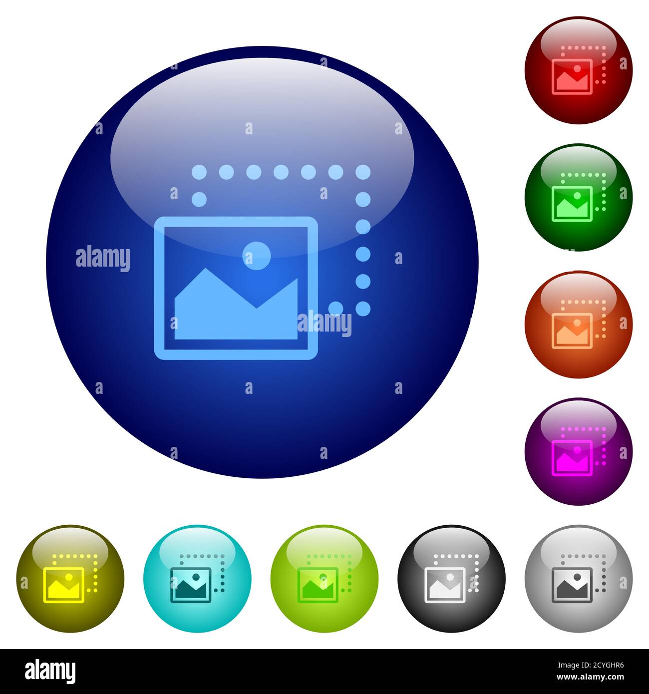 Drag image to bottom left icons on round glass buttons in multiple colors. Arranged layer ...