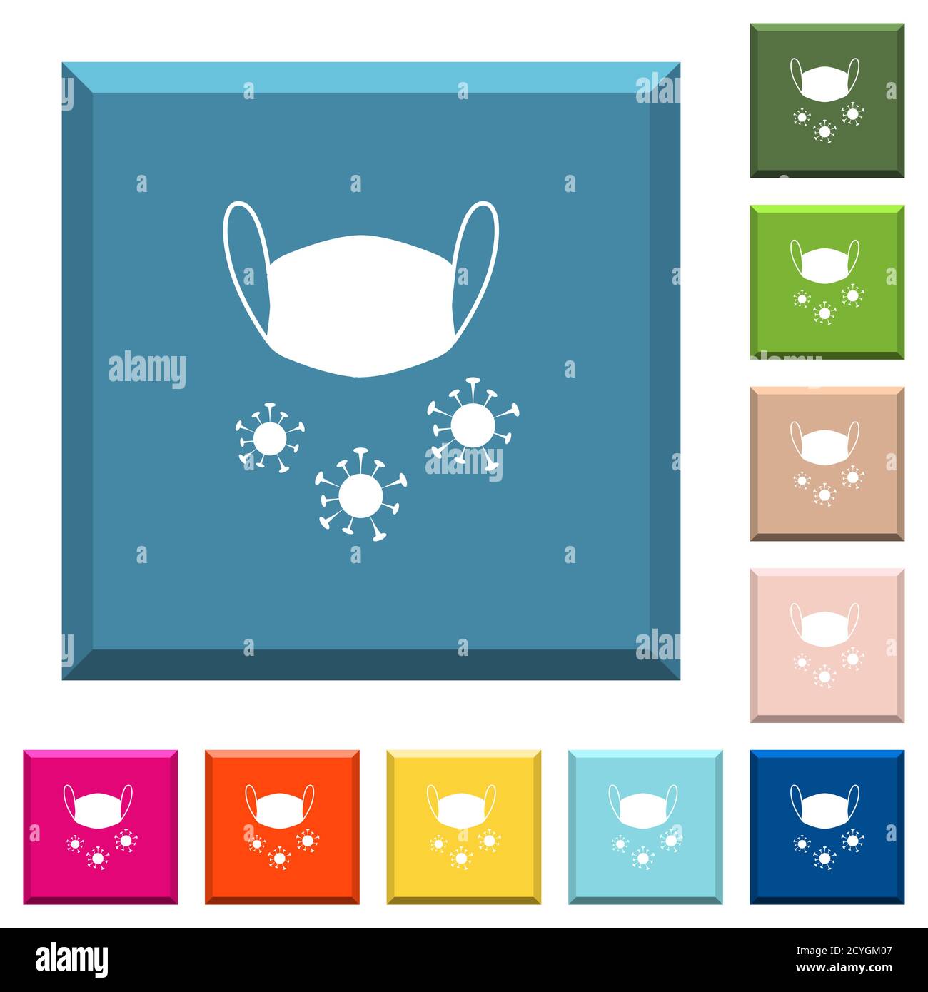 Medical mask and corona viruses white icons on edged square buttons in ...
