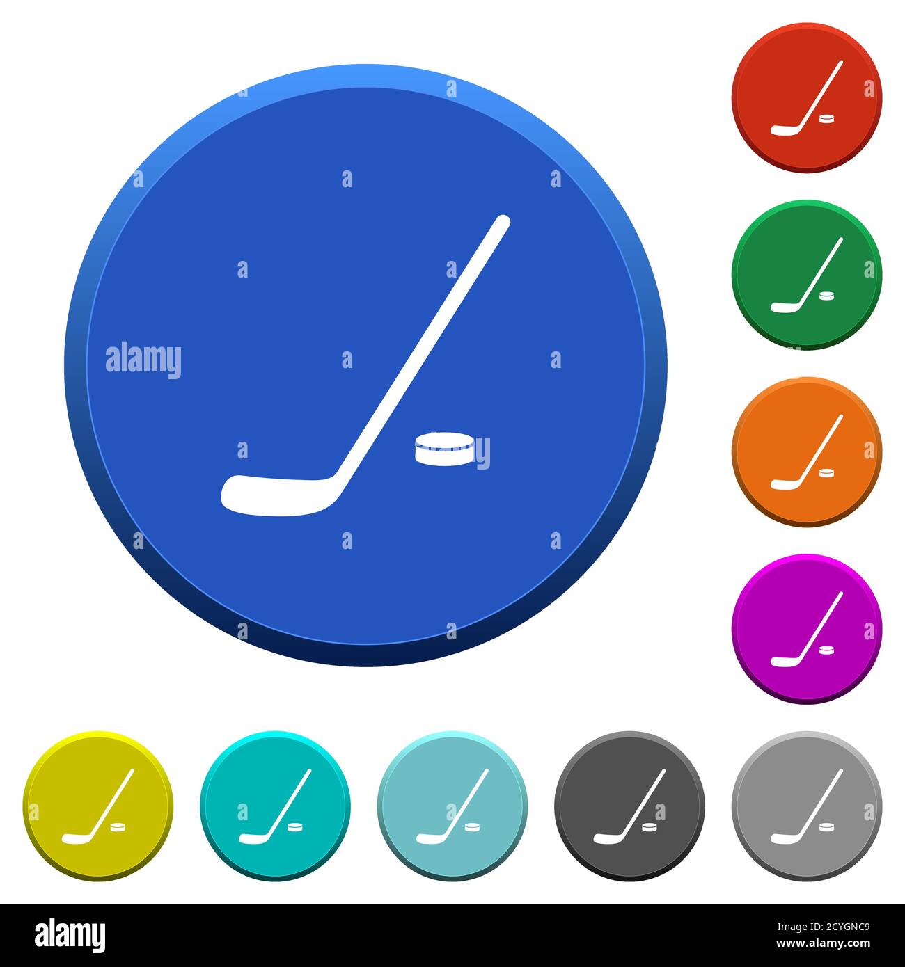 Hockey stick and puck round color beveled buttons with smooth surfaces ...