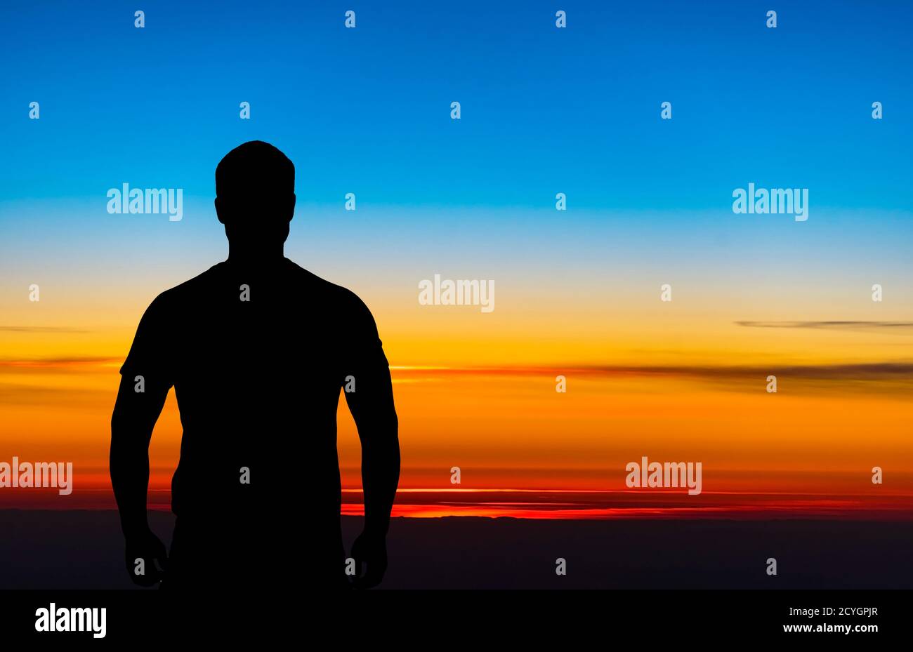 Silhouette of a man, back side, standing in front of beautiful sky ...