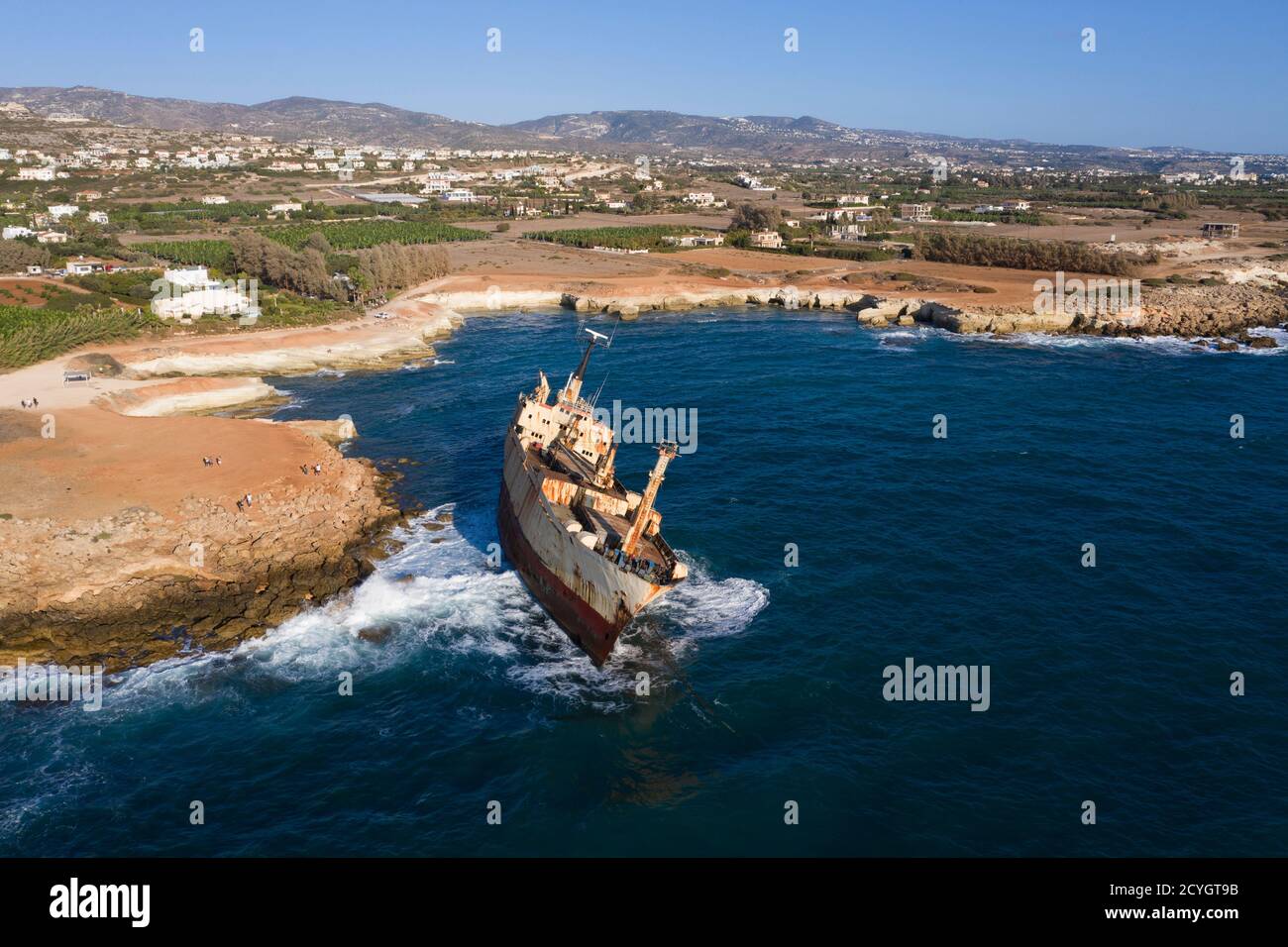 Aerial view of the Edro 111 shipwreck on the rocks near Peyia, Paphos ...