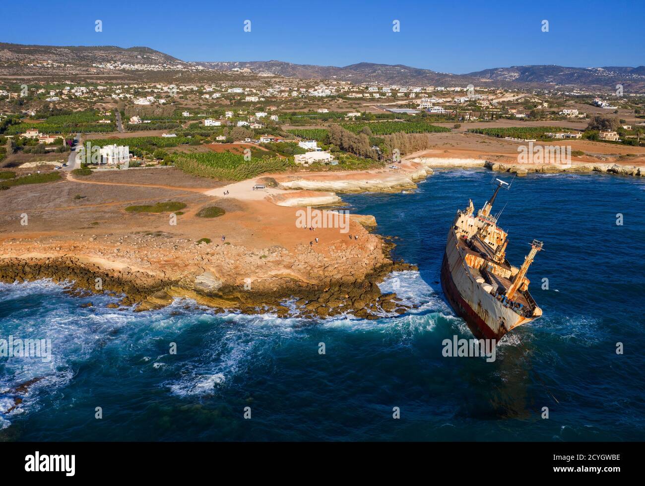 Aerial view of the Edro 111 shipwreck on the rocks near Peyia, Paphos ...