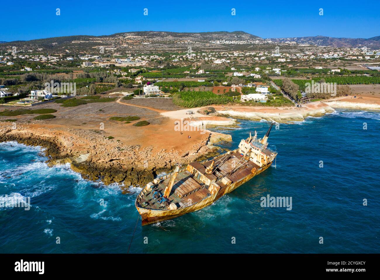 Aerial view of the Edro 111 shipwreck on the rock near Peyia, Paphos ...