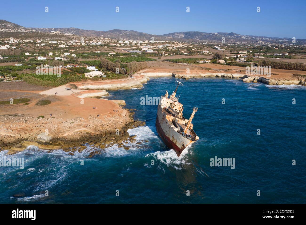 Aerial view of the Edro 111 shipwreck on the rocks near Peyia, Paphos ...