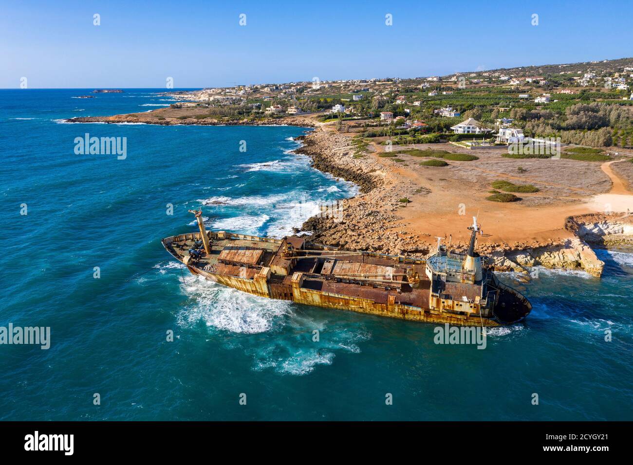 Aerial view of the Edro 111 shipwreck on the rocks near Peyia, Paphos ...