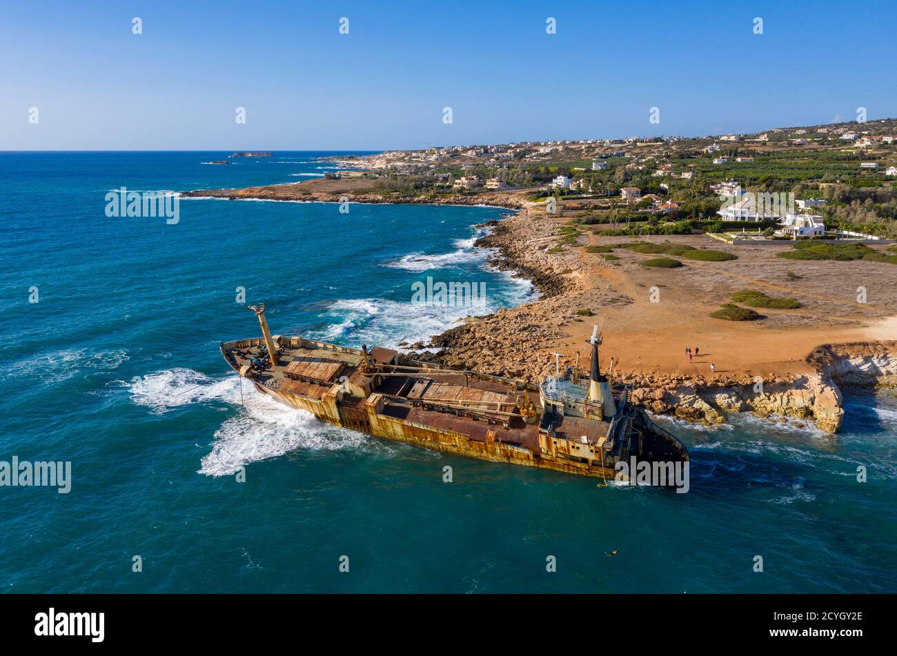 Aerial view of the Edro 111 shipwreck on the rocks near Peyia, Paphos ...