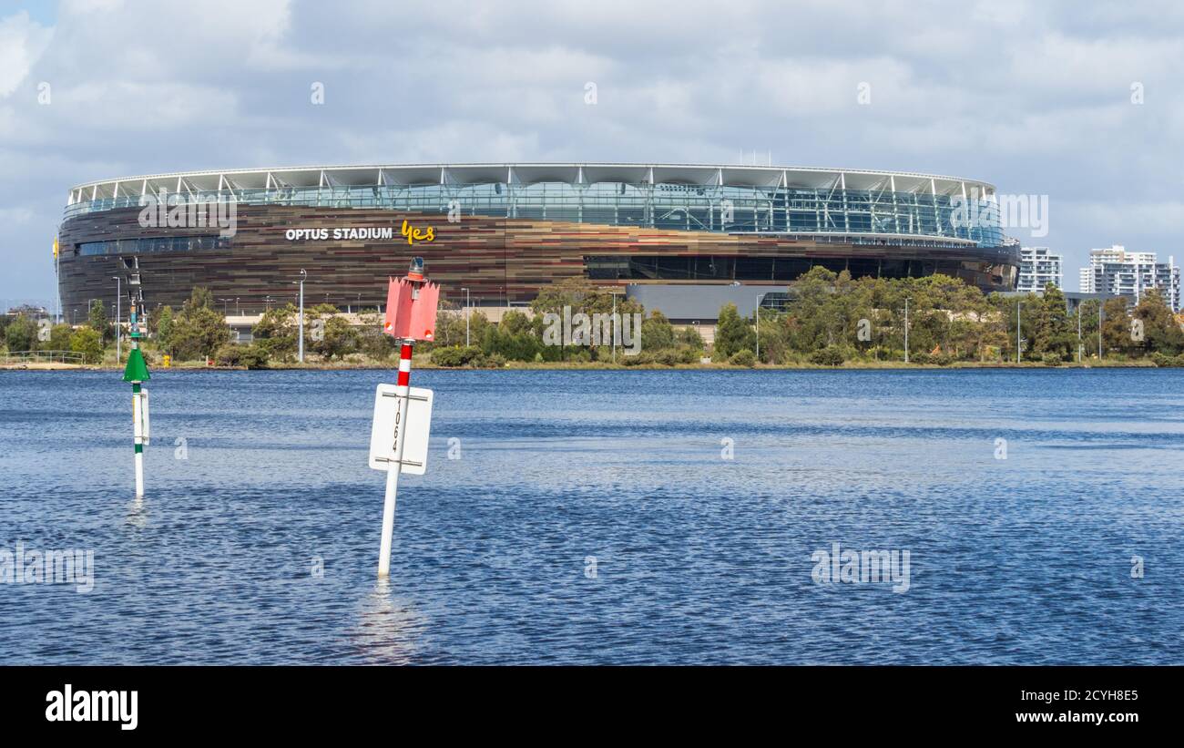 The Optus Stadium seen from across the Swan River in Perth, Western ...
