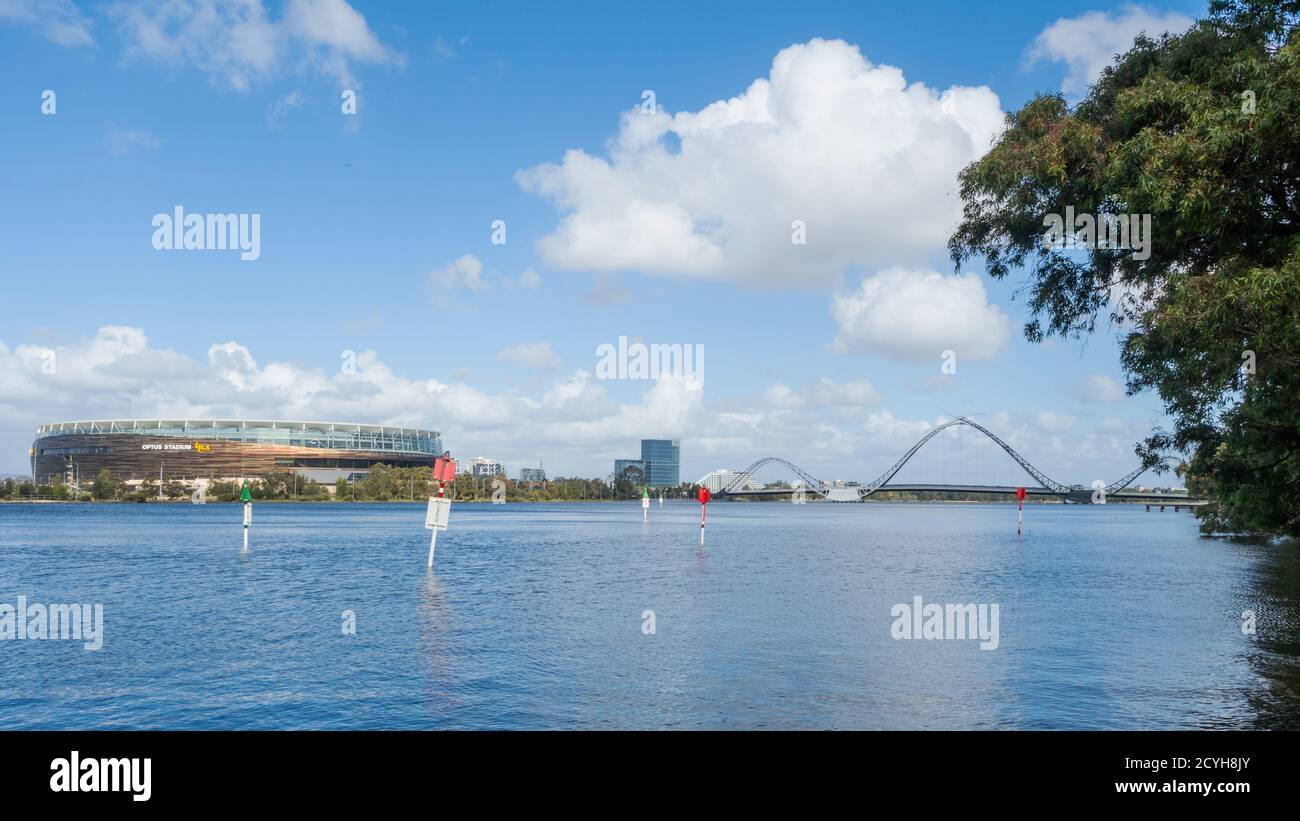 The Optus Stadium and Matagarup Bridge seen from across the Swan River ...